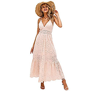 BerryGo Women's Embroidery Pearl Button Down Dress V Neck Spaghetti Strap Maxi Dress Peach Barbie Dress L