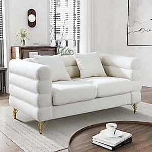 Wrofly Cloud Couch for Living Room, 59" Modern Overstuffed Deep Seat Boucle Sherpa Loveseat Sofa with 2 Pillows, Comfy Upholstered 2 Seater Love Seat for Bedroom Office, Beige White Teddy