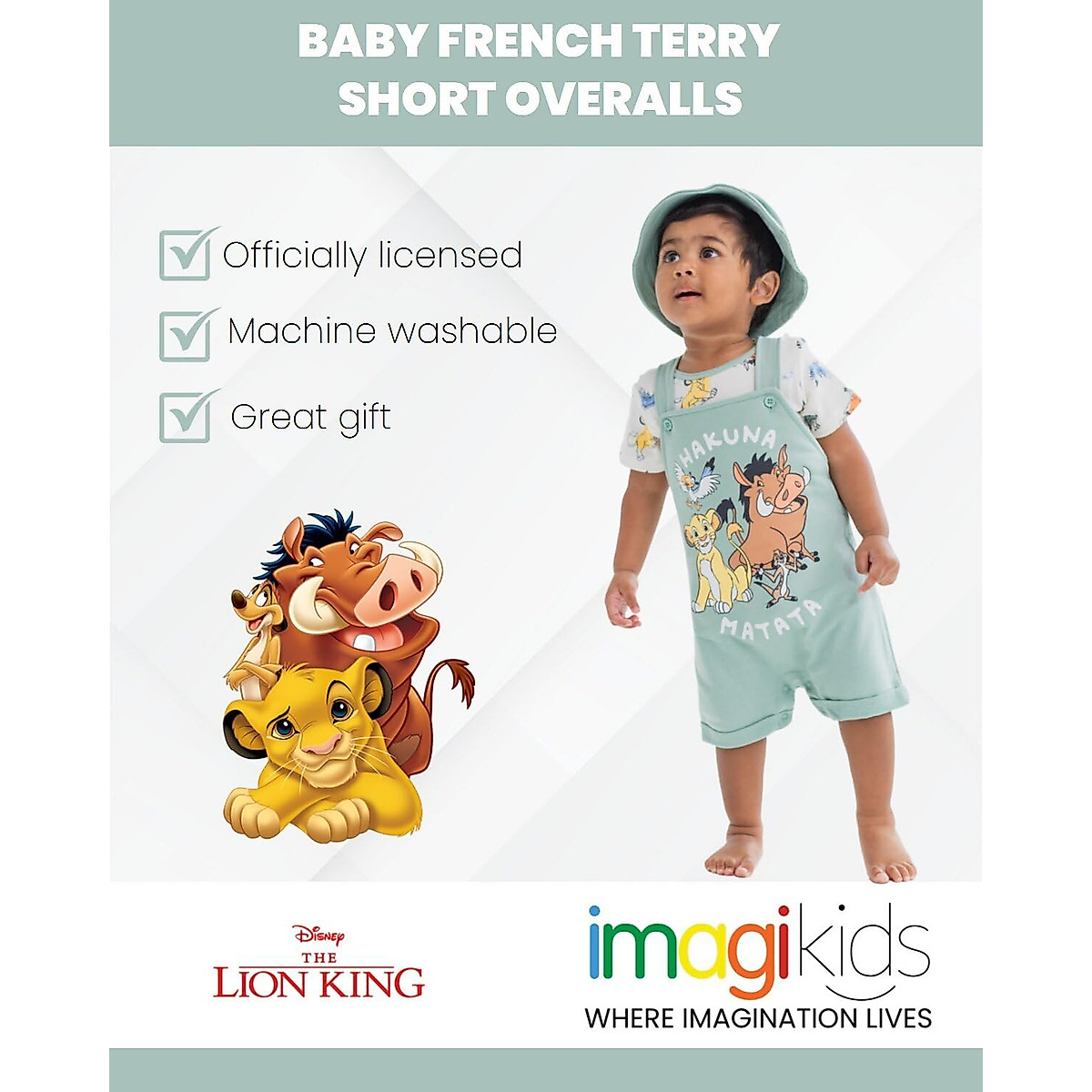 Disney Lion King Simba Timon Pumbaa Newborn Baby Boys French Terry Short Overalls T-Shirt & Hat 3 Piece Outfit 3-6 Months
