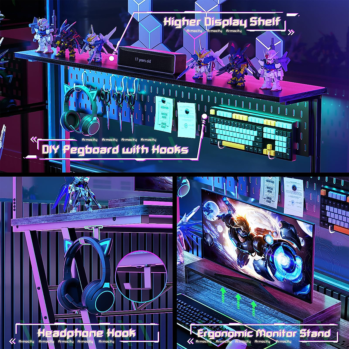 armocity 55'' Gaming Desk with Hutch and LED Lights, Gaming Computer Desk with Storage Shelves & Z-Shaped Legs, Reversible PC Gaming Desk with Pegboard, Ergonomic Desk for Bedroom, Grey Oak