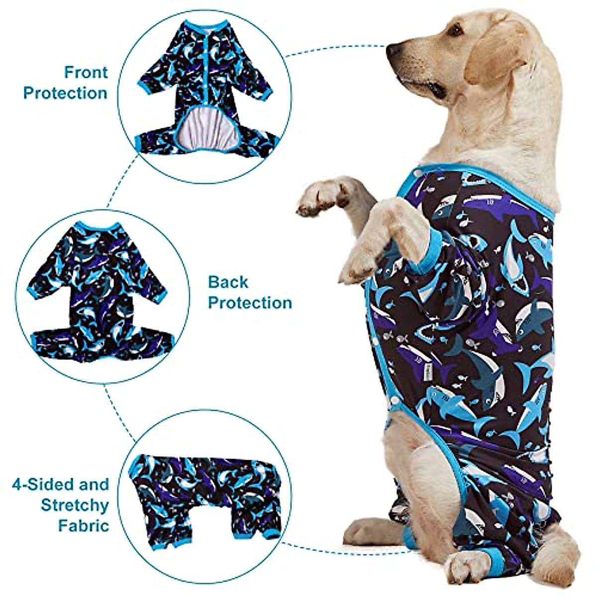 LovinPet Large XXL Dog Clothes - Pet Anxiety Relief, Anti-Shedding Dog Pajamas, Lightweight Stretchy Fabric, Whale Hello There White Print, Large Dog Pjs, Pitbull Clothes All Season /2XL