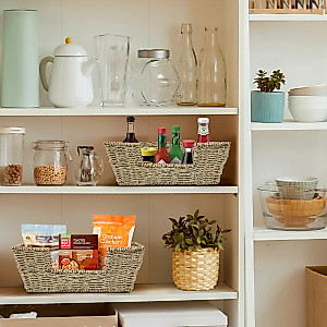 WEAVELYRICS [2-Pack] Seagrass Storage Baskets, Handwoven Trapezoid Baskets, Wicker Baskets with Built-in Handles, Wicker Baskets for Shelves, Counter Organizing, Kitchen, Bathroom or Bedroom