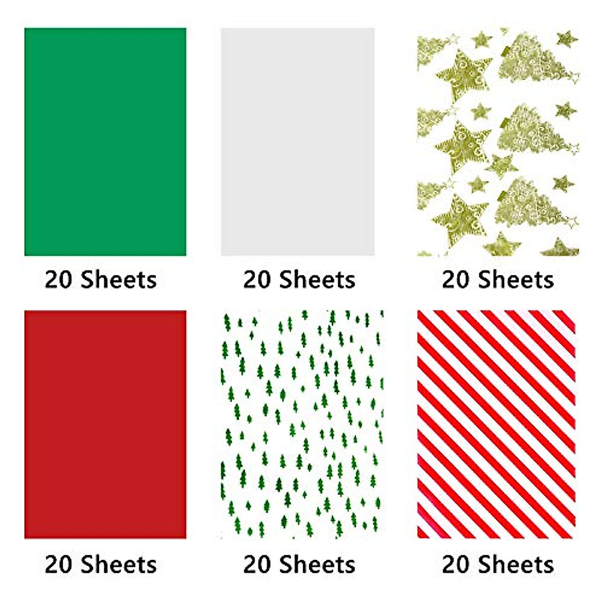 KLATIE Christmas Tissue Paper, Assorted Design Gift Wrapping Paper 120 Sheets, 20” X 14”, including Red, Green, White, Christmas Trees, Stripe Design, Tissue Paper for Gift Bags, Christmas Wrapping.