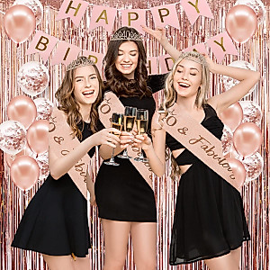 40th Birthday Decorations Women, Happy 40th Birthday Banner, Crown, Sash, Cake Topper And Number Balloon, Rose Gold 40 Birthday Party Decorations For Women
