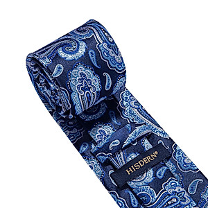 HISDERN Ties for Men Blue Paisley Ties for Men and Pocket Square Set Formal Navy Blue Mens Ties Handkerchiefs Satin Neckties for Wedding Party