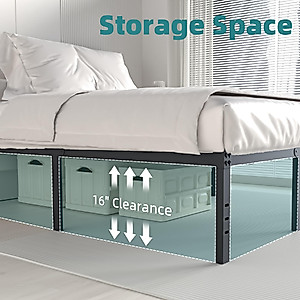 Queen Bed Frame 16 Inch High Metal Platform Bed Frame with 4 Mattress Retainers Heavy Duty Steel Slats Black Kids Queen Size Bed Frame with Headboard Hole No Box Spring Needed Noise Free Easy Assembly