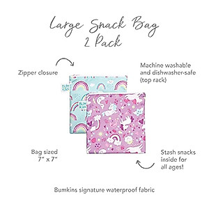 Bumkins Sandwich Bag / Snack Bag, Reusable Fabric, Washable, Food Safe, BPA Free, 7x7 - Rainbows & Unicorns (2-Pack)