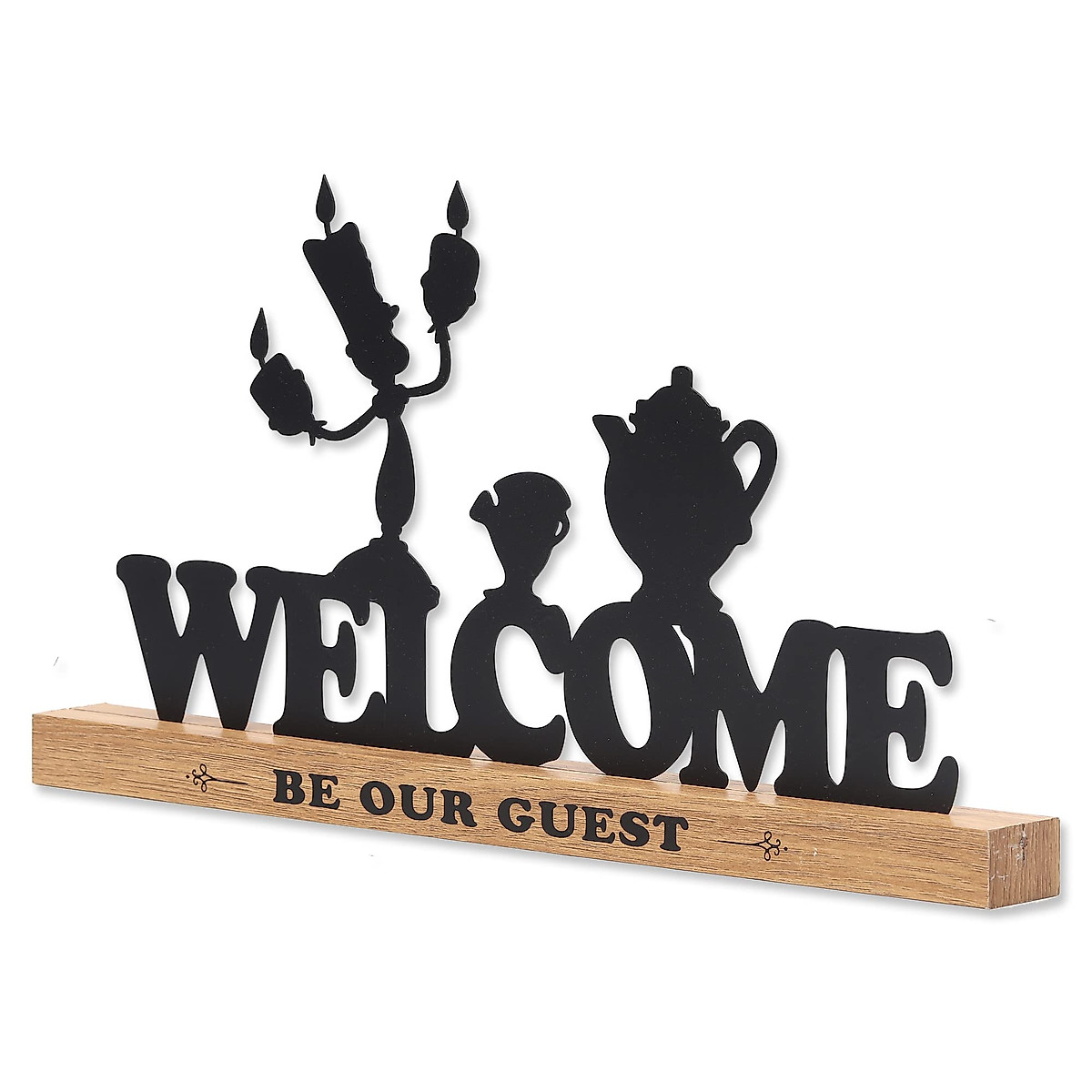 Disney Beauty and the Beast Welcome Be Our Guest Tabletop Decor - Lumiere, Chip, and Mrs. Potts Metal Silhouettes on Natural Wood Base