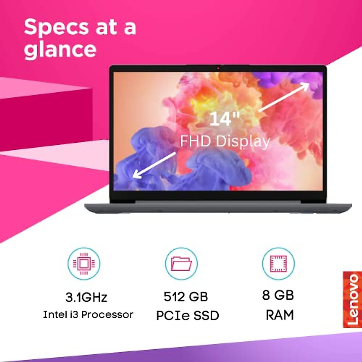 Lenovo IdeaPad 3i Business and Student Essential Laptop,14'' Full HD Display, 8GB RAM, 512GB SSD Storage, Intel 11th Gen i3 Processor (Up to 4.10 GHz), HDMI, Windows 11 in S