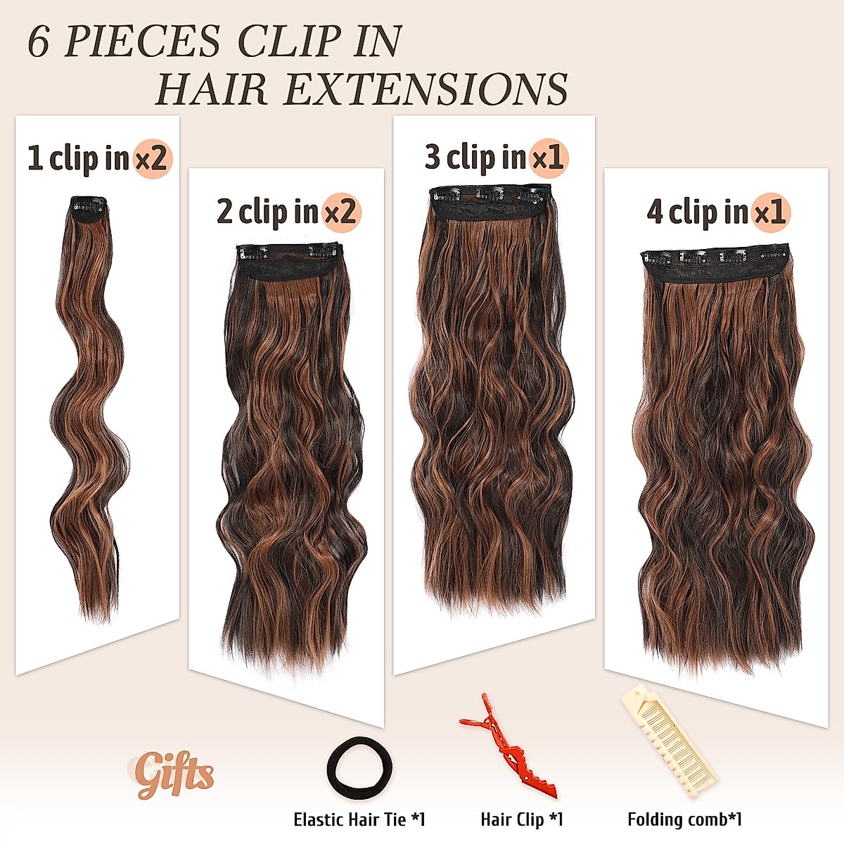 NAYOO Clip in Hair Extensions for Women 20 Inch Long Wavy Curly Auburn Mix Chestnut Hair Extension Full Head Synthetic Hair Extension Hairpieces(6PCS,Auburn Mix Chestnut)