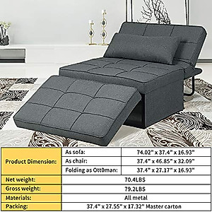 Ainfox Sofa Bed, 4 in-1 Sleeper Chair Bed Multi-Function Folding Convertible Couch Chair Ottoman Bed for Apartment, Small Space (Deep Grey)