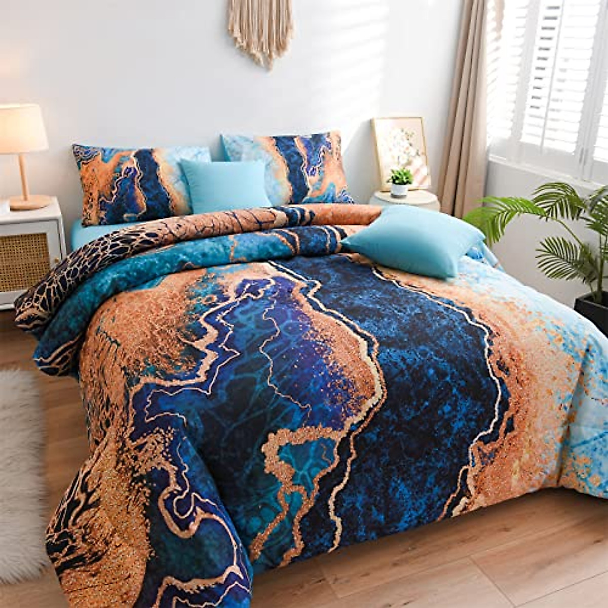 A Nice Night Marble Like Burning Mountain Printed Bedding Set,Retro Style Watercolor Artwork Design,Ultra Soft Comforter Set, 7pcs Bed in a Bag,Queen,Blue