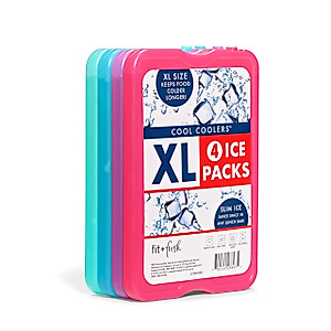 Fit + Fresh XL Cool Coolers Freezer Slim Ice Pack for Lunch Box, Coolers, Beach Bags and Picnic Baskets, Multi-Colored, 4 pack, Extra Large