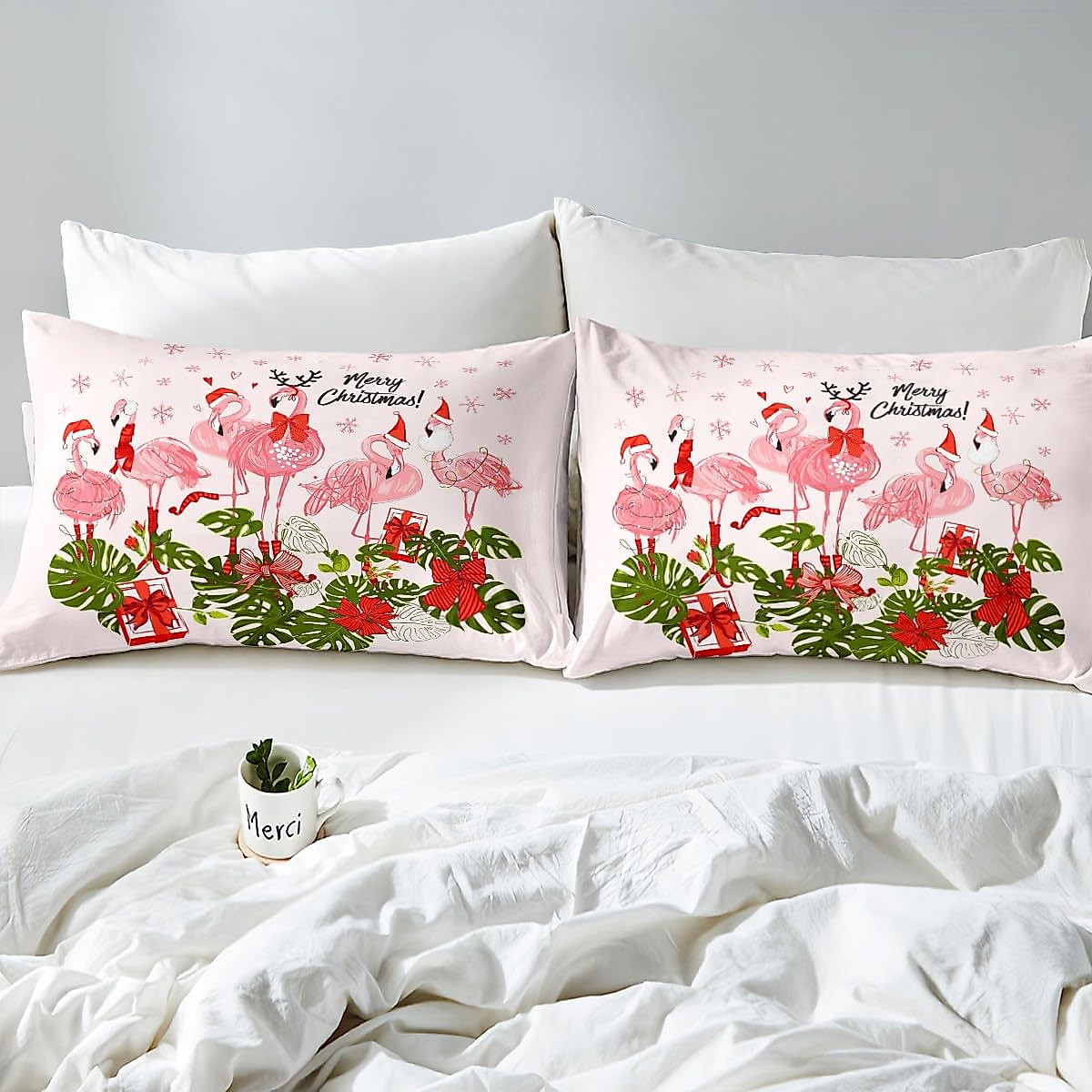 Merry Christmas Bedding Set Queen Size,Pink Flamingo Cartoon Bird Animal Duvet Cover Set for Children Adult,Winter Snowflake Green Leaves Soft Comforter Cover for Dorm Room, Zipper, Ties