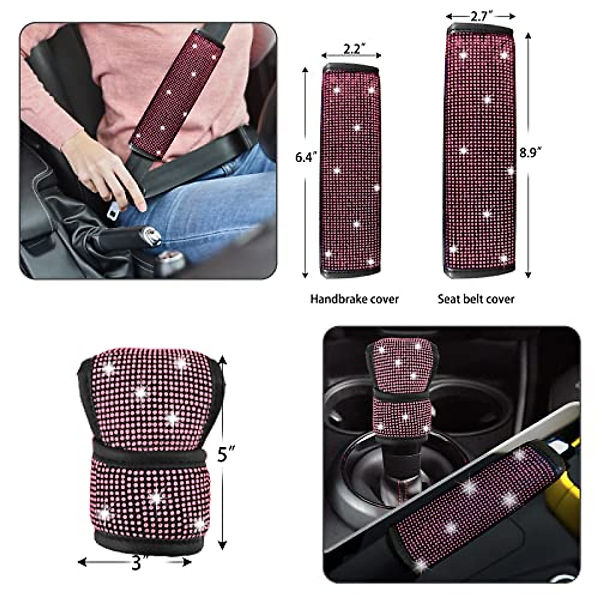 Yixin 20pcs Bling car Accessories Set for Women,Sparkly Phone Holder, Car Mount, Seat Belt Cover, Car Shift Gear Cover, Handbrake Cover, Car Cup Holder Coaster, Glasses Clip, Hook, (Pink-20Pcs)