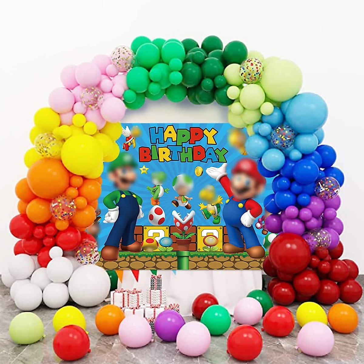Super Brother Happy Birthday Backdrop Video Adventure Game Children Boy Photo Theme Party Decorative Shooting Gold Coin Mushroom Blue Element Prop Banner (5x3FT(150x90cm))