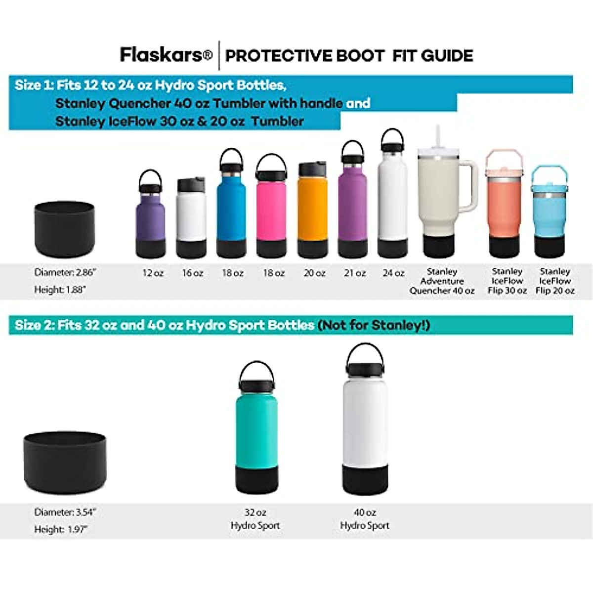 Flaskars Protective Silicone Boot for 12oz - 40 oz Hydro Sport Water Bottles Flask Anti-Slip Bottom Sleeve Cover (Fits 32 oz and 40 oz Bottles, Black)