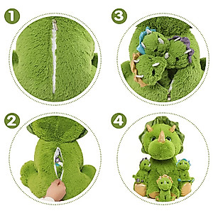 Muiteiur Triceratops Stuffed Animal Giant Dinosaur Stuffed Animal with 3 Little Baby Dinosaurs Green Triceratops Plush Toy Gift for Kids 24.5 inch