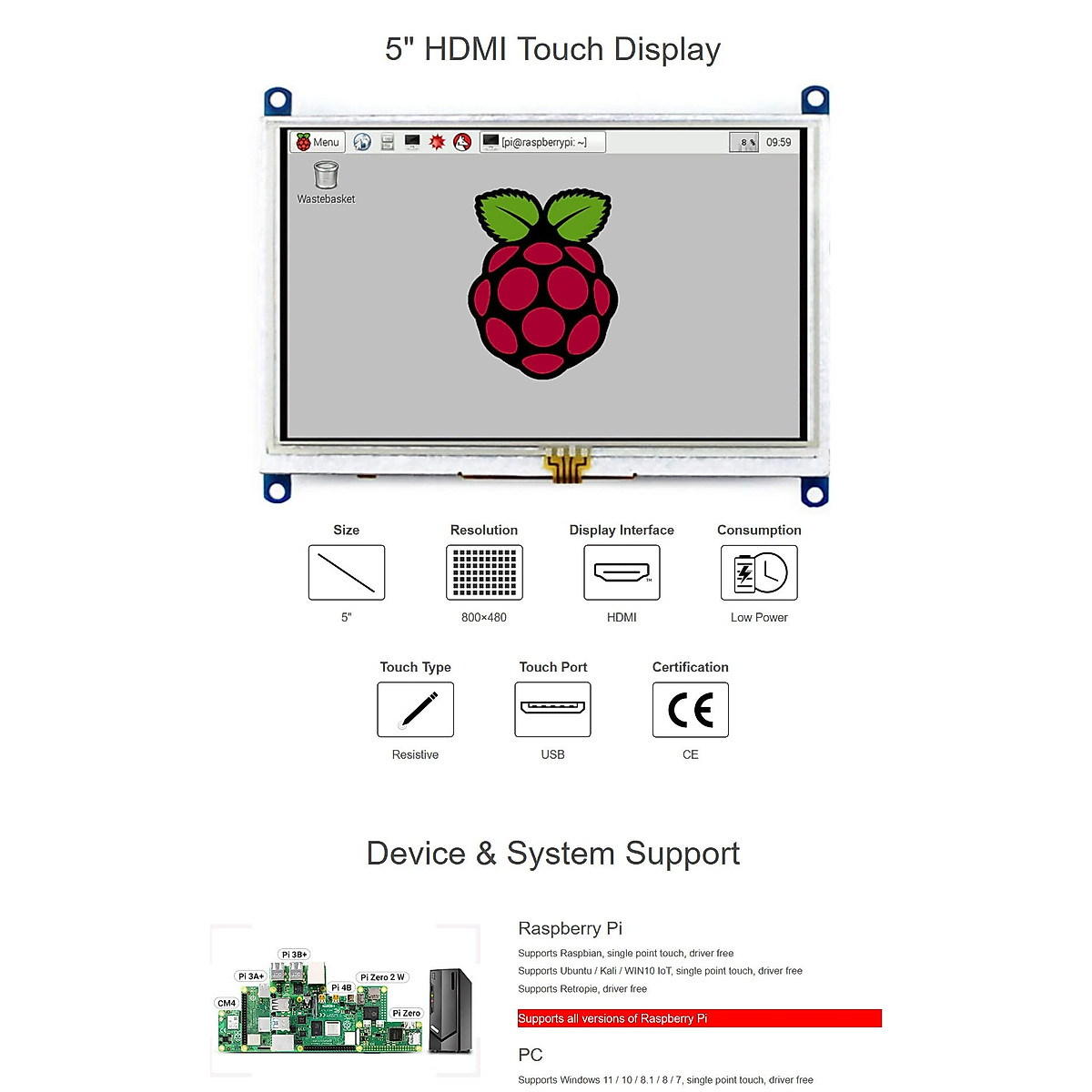 5 inch 800x480 Resistive Touch Screen HDMI interface custom Raspbian LCD mini PC Supports Raspberry Pi 3 2 1 Model B B+ A+ & BeagleBone Black & Banana Pi / Banana Pro @XYGStudy