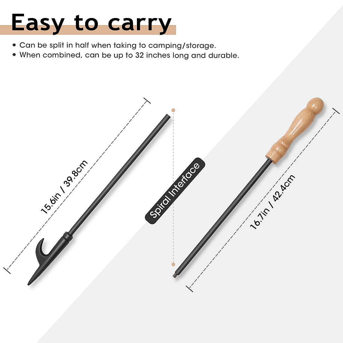 26" Fireplace Fire Pit Tongs & 32" Fire Pit Poker, Fireplace Wood Stove Firewood Tongs, Black Heavy Duty Wrought Iron Log Grabber Fire Pit Tools for Campfire, Fireplace, Bonfires, Indoor&Outdoor Use