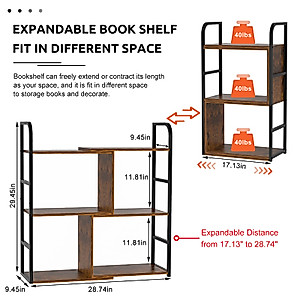 3-Tier Home Office Bookcase Shelf, Expandable Small Book Shelf, Narrow Bookshelves with Metal Frame, Bedroom&Living Room Modern Metal and Wood Standing Storage Shelving Unit Books Shelf Organizer
