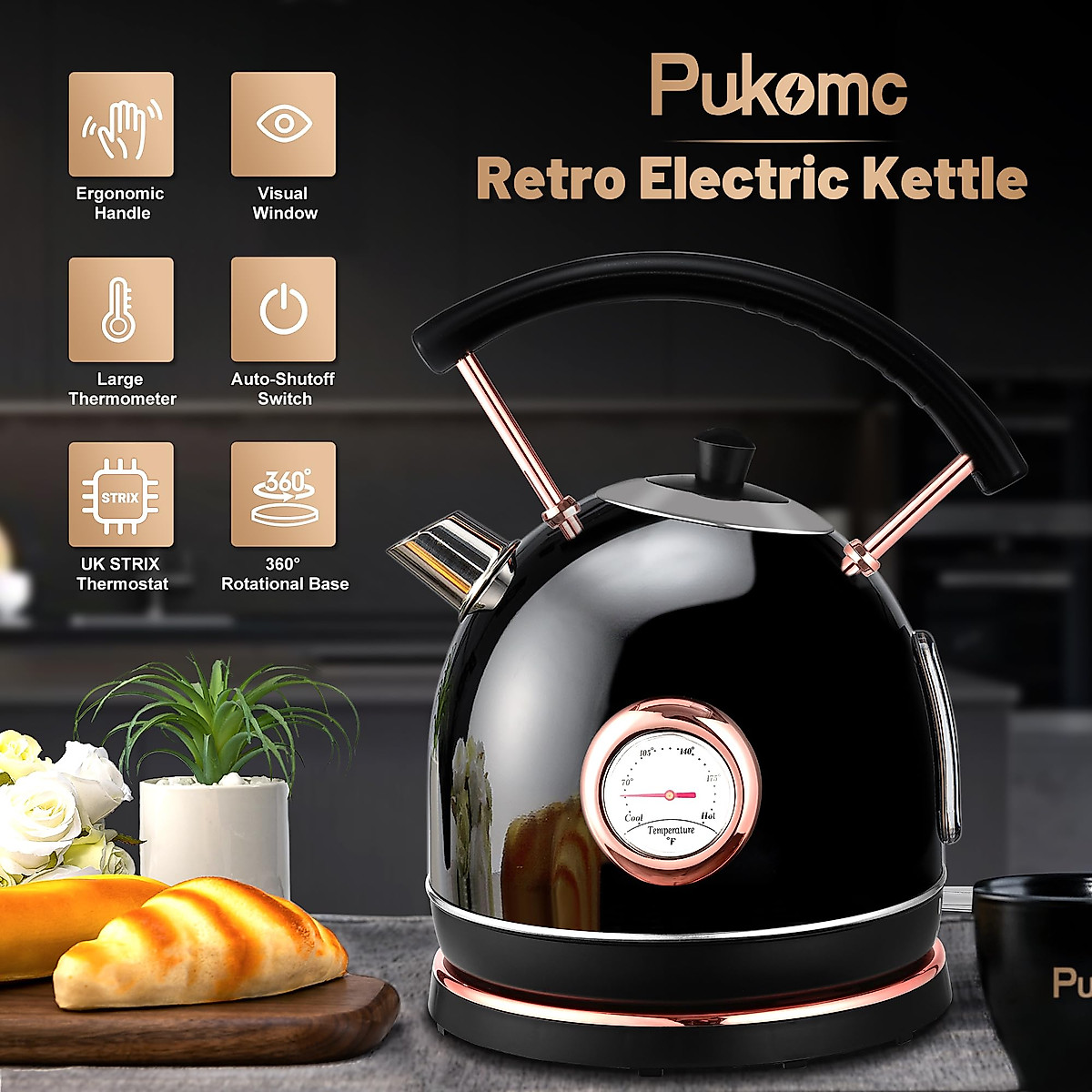 Pukomc Retro Electric Kettle 1.7L, Stainless Steel Portable Fast Boiling, Cordless with LED Light, Unique Appearance with Temperature Gauge, Auto Shut-Off&Boil-Dry Protection (Black)