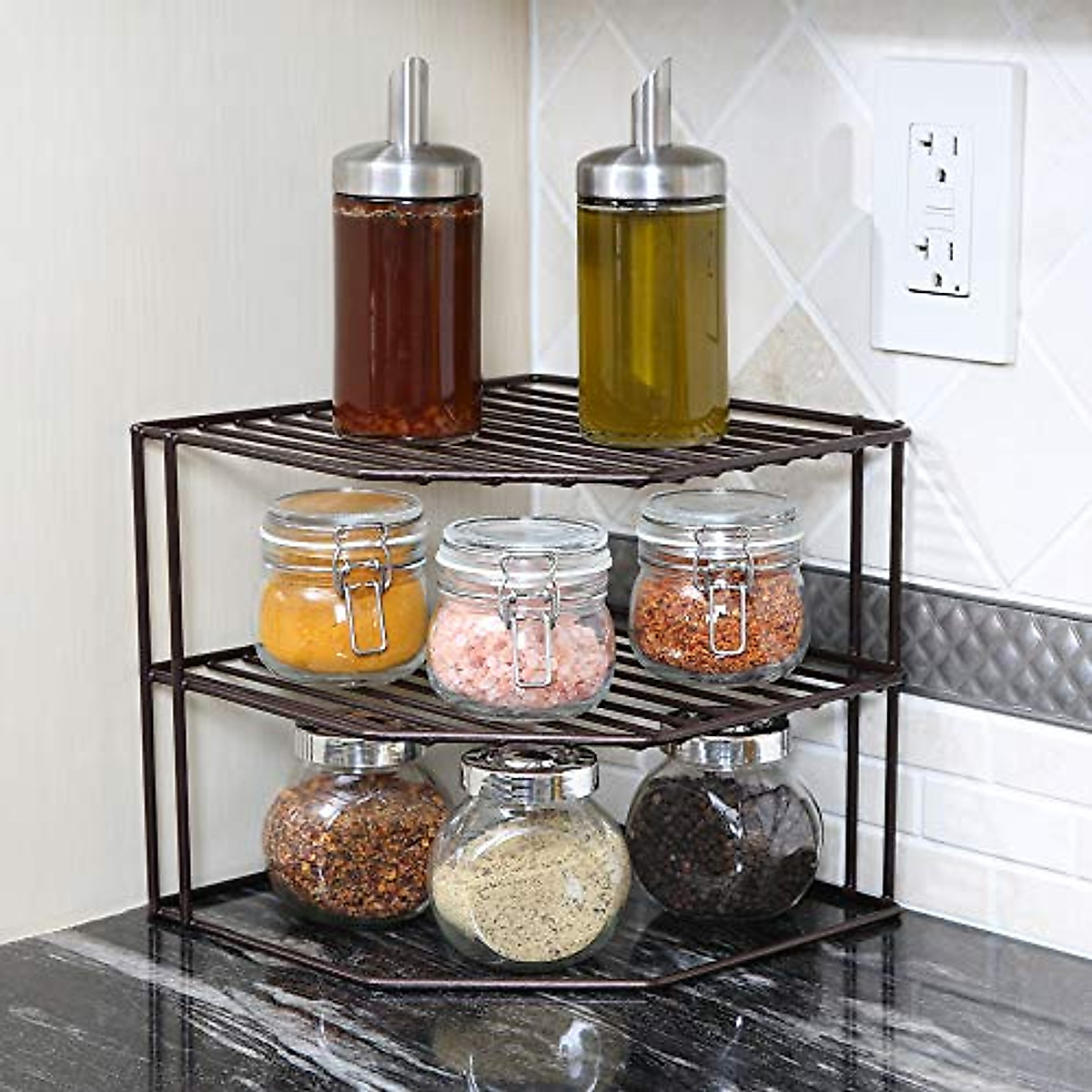 Smart Design 3-Tier Corner Shelf Storage – Bronze – Heavy Duty Steel Pantry Organizer with Rust-Resistant Finish and No-Scratch Bottom for Easy Home Organization and Storage
