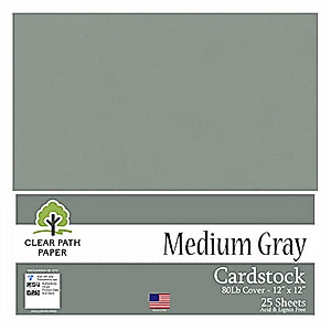 Medium Gray Cardstock - 12 x 12 inch - 80Lb Cover - 25 Sheets - Clear Path Paper