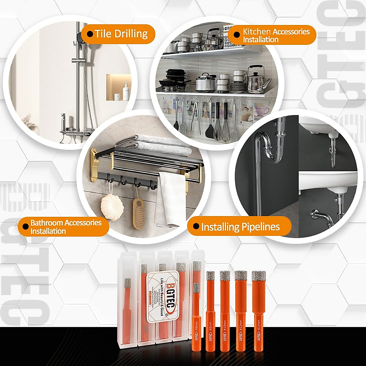 BGTEC Dry Diamond Core Drill Bits 2pcs 1/4" Tile Drill Bits with Hex Shank for Granite Marble Porcelain Tile Ceramic Masonry