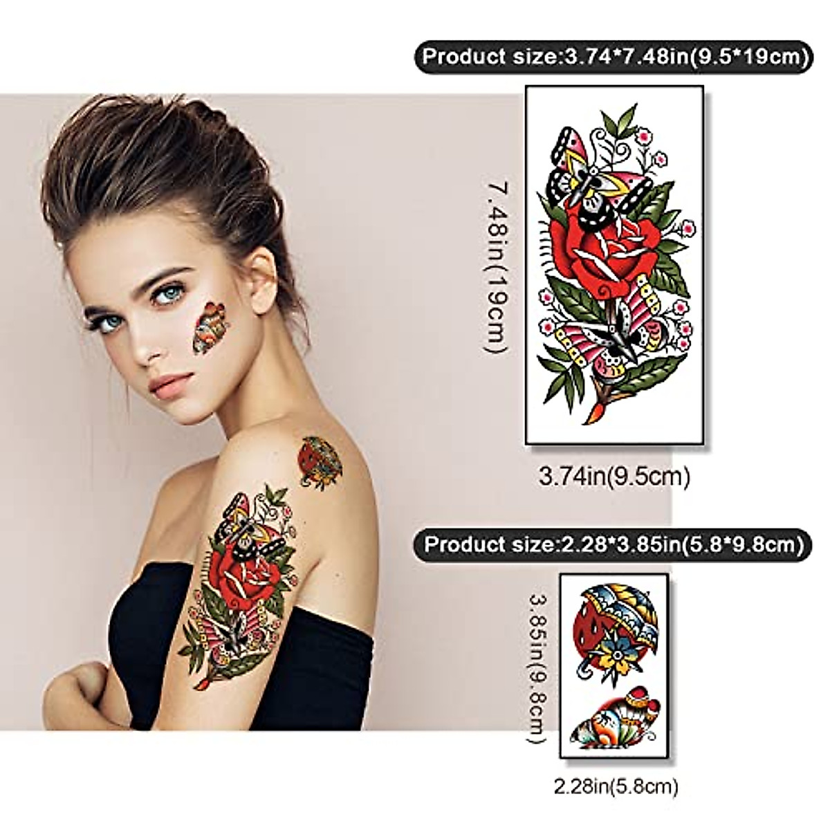 77 sheets Classic Temporary Tattoos Old School Tattoos Stickers, Sailor Jerry Style Vintage Design Fake Tattoo, American Traditional Flower Rose Arm Temporary Tattoos for Women Men Adults Kids