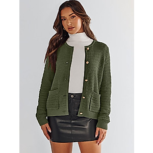 ANRABESS Women's Tweed Knit Cardigan Sweater Casual Long Sleeve Cropped Button Down Lady Jackets 2025 Spring Fashion Outwear Army Green Medium