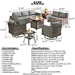 HOOOWOOO Outdoor Patio Sectional Furniture Sofa Set with Fire Pit Table,10 Piece Modern Wicker Couch with Swivel Chairs,Modular Conversation Seating Set with Widened Armrest for Garden(Dark Grey)