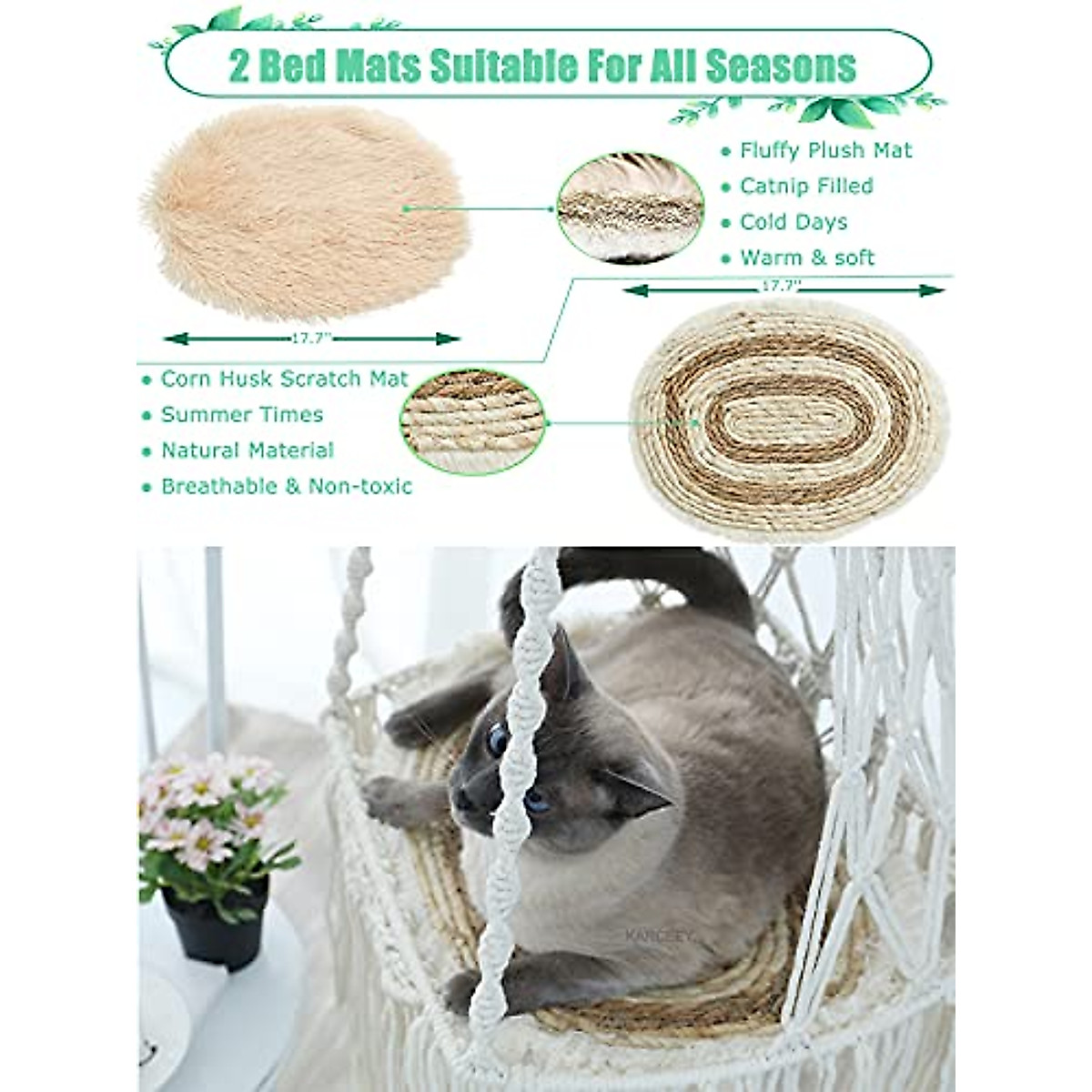 KARCEEY Hanging Cat Hammock Bed,9 Pcs Macrame Cat Swing Bed,Macrame Hanging Cat Bed, with 2 Catnip Mat Bed