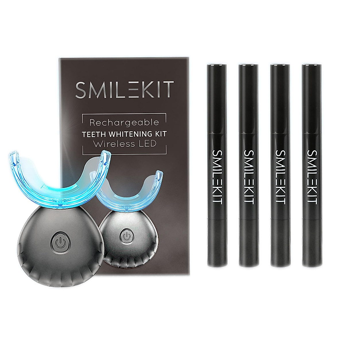 Teeth whitening kit, (4) 35% Hydrogen Carbamide Peroxide, (1) 16X LED Blue Light Accelerator Tray Teeth Whitener for Sensitive Teeth, Gums, Braces Care (Black)