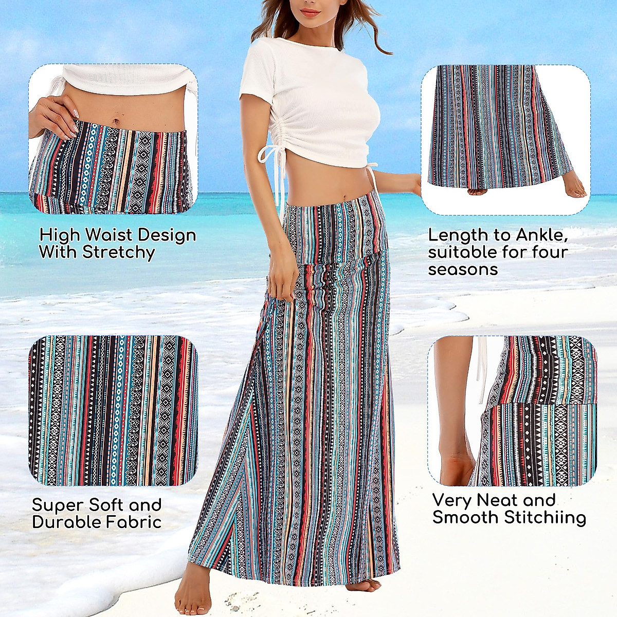 Zando Long Skirts for Women High Waisted Maxi Skirt Casual Trendy Dresses Fold-Over Workout Stretchy Flared Flower Skirt for Girls Geometric Stripe Medium