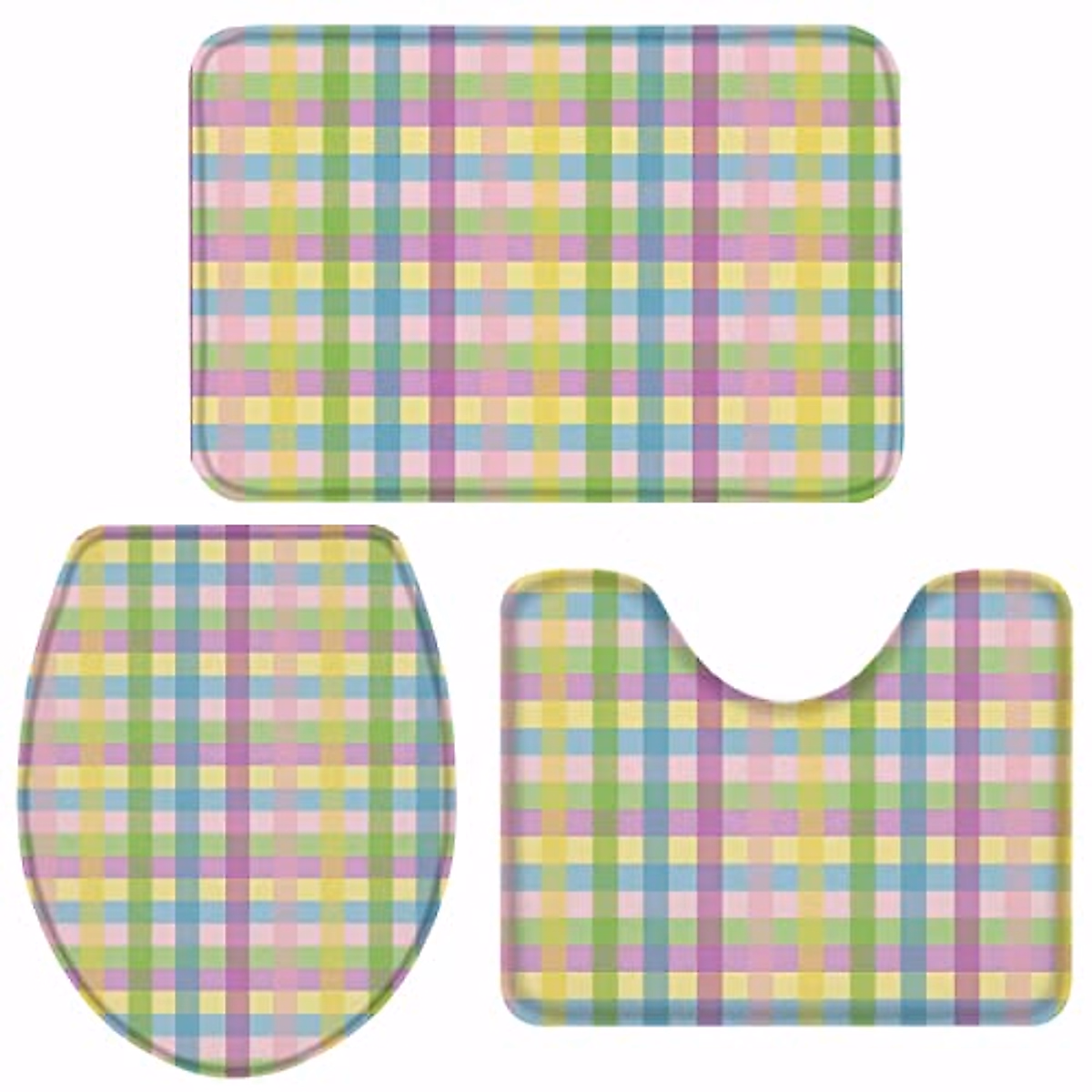 Fashion 3 Piece Bath Rugs Set Fresh Spring Happy Easter Colorful Retro Buffalo Check Plaid Printed Non Slip Ultra Soft Bathroom Mats, U Shape Mat and Toilet Lid Cover Mat Bath Mats