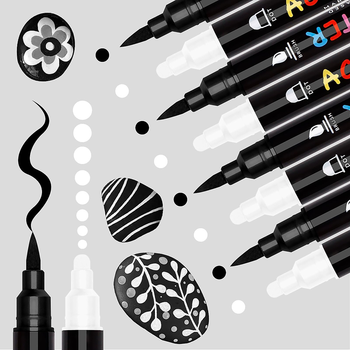 Tesquio Black and White Paint Marker, 8 Pack Dual Tip Acrylic Paint Pens with Medium Tip and Brush Tip, Ideal for Wood, Rock Painting, Canvas, Stone, Glass, Ceramic