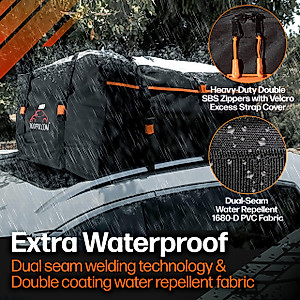RoofPax Expandable 15/19 cft. Car Rooftop Cargo Carrier Bag Waterproof Storage Including Double Zippers Integrated Mat 10 Heavy-Duty Tie-Down Straps fit Cars with/Without Roof Top Rack or Side Rails
