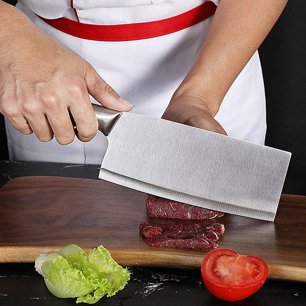 Knife Set, Professional Cleaver Knife Set with Wood Storage Block Stainless Steel Asian Butcher Knife Block Set with Sharpener,Sharp Cutlery Large Blade Cutting Knives Set