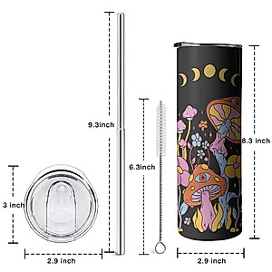 thmasamwr Mushroom Skinny Tumbler With Straw and Lid, Stainless Steel 20oz Coffee Travel Mug, Cute Moon and Mushroom Cups for Mushroom Lovers Gifts for Women and Girls