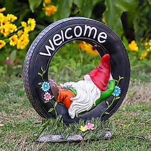 Ottsuls Solar Gnome Garden Statues for Outdoor, Resin Welcome Dwarf with Tyre&LED Lights, Sculpture Decor for Patio, Porch, Balcony, Yard, Lawn Ornament - Unique Holidays/Birthday Gift