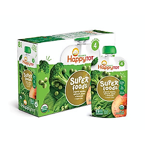 HAPPYTOT Organics Super Foods Stage 4, Apples Spinach Peas & Broccoli + Super Chia, 4.22 Ounce Pouch (Pack of 16) packaging may vary