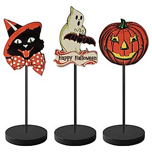 L1rabe 3Pcs Happy Halloween Wood Table Decor Sign Black Cat Halloween Standing Wood Blocks Halloween Ghost Decorations Vintage Pumpkin Decor for Home Party Mantle Tier Tray Decor Halloween Gifts