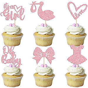Gyufise 36 Pack Oh Baby Cupcake Toppers It's a Girl Cupcake Toppers with Bow Dress Love Heart Pink Glitter Cake Picks Decorations for Baby Shower Girl Birthday Party Supplies