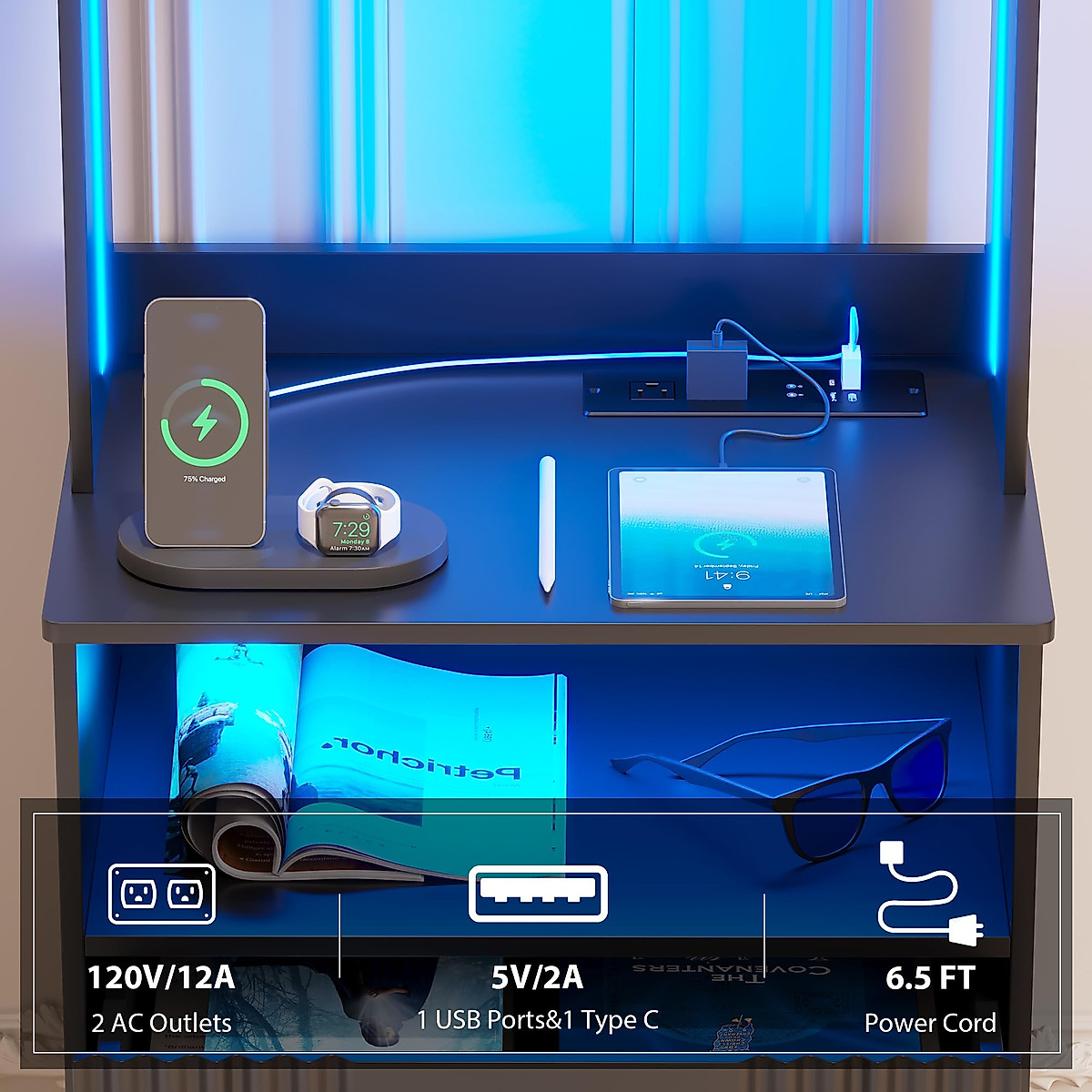 Vlsrka Tall Nightstand with Charging Station, 54" Smart Nightstand with LED Lights, Modern Night Stand with Bookshelf, Bedside Tables with Storage Cabinet for Bedroom, Black