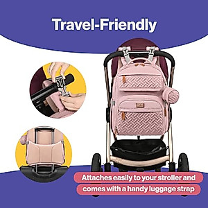 BabbleRoo Diaper Bag Backpack, Travel Backpack with Changing Pad, Pacifier Case & Stroller Straps, Multifunction, Waterproof, Unisex – Pink