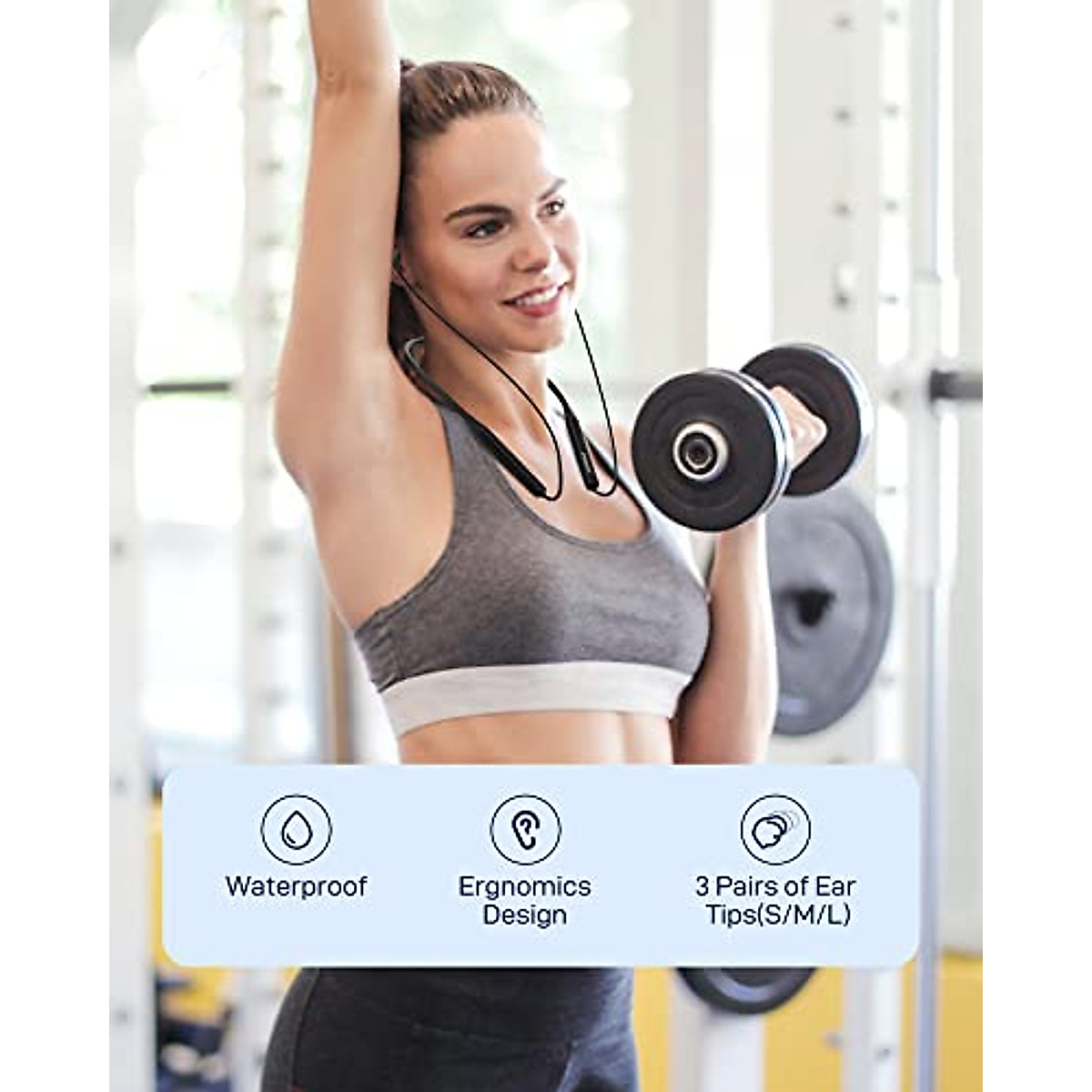 PISEN Bluetooth Headphones, Wireless Earbuds with Microphone Noise Cancelling, IPX5 Waterproof Neckband Bluetooth Headphones for Gym Sports Workout 120H Standby, Black