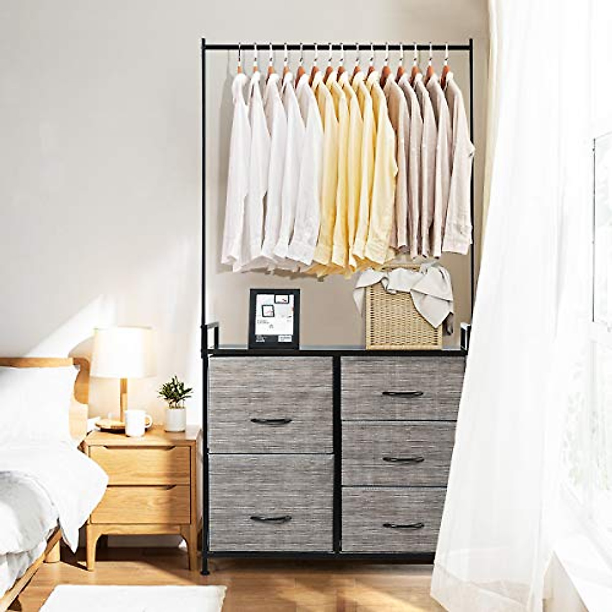 Tangkula Fabric Drawer Dresser w/Clothes Rack, Storage Organizer with Metal Frame and Wooden Top, Closet Organizers and 5 Storage Drawers for Clothes, Toys, for Hallway, Bedroom (Gray)