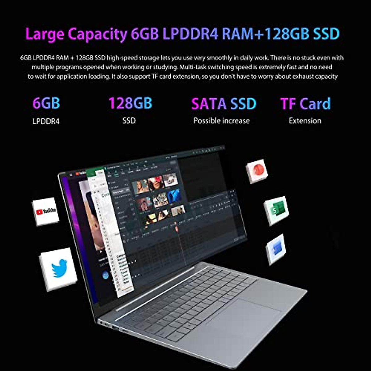 BOCCONI LeadBook T6 Laptop | 15.6" Full HD 1920x1080 IPS Display | Intel Celeron N3450 Quad-Core | 6GB DDR3 | 128GB SSD | AC WiFi | Mini HDMI | Windows 10 Home