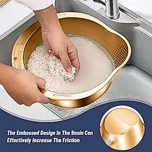 2pcs Multifunctional Drain Basin And Vegetable Washing Basin, Rice Washing Bowl with Strainer, Stainless Steel Side Drainers for Fruits, Vegetables and Beans Versatile Kitchen Tool (Gold)